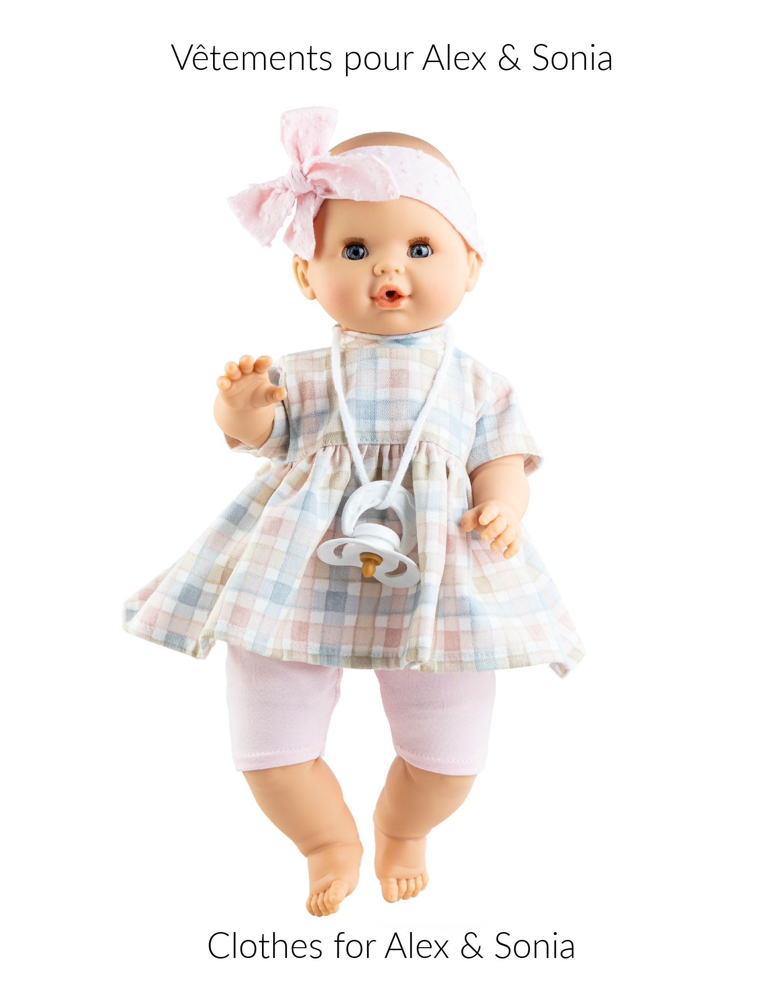 Alex & Sonia Doll Clothing - Pastel check dress, shorts and pink headb ...